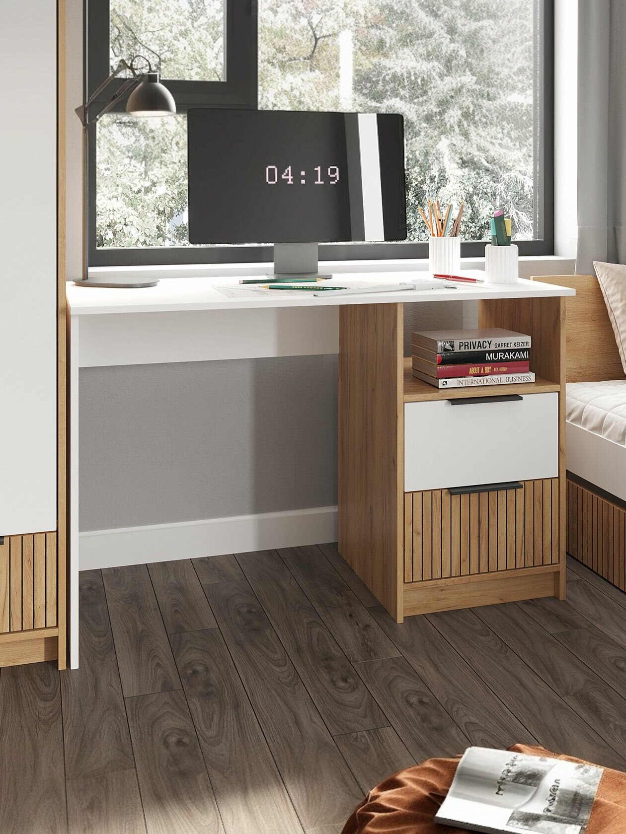 Компьютерный, письменный стол Ивис прямой, с ящиками, 120х55х78 см, Дуб Крафт золотой / Белый / Дуб Крафт золотой, фотопечать