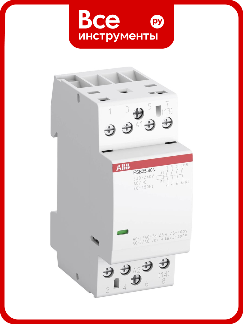 Контактор ABB ESB25-40N-01, модульный, 25А, АС-1, 4НО, катушка, 24В, AC/DC 1SAE231111R0140