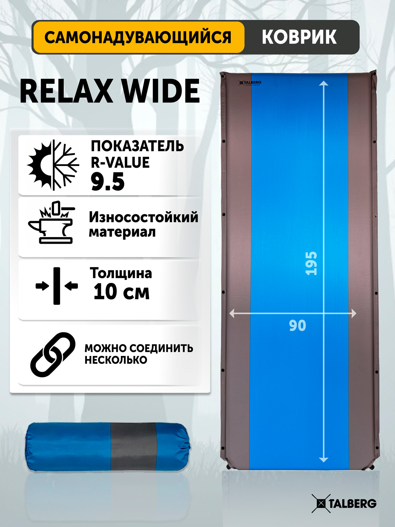 Самонадувающийся коврик Talberg "RELAX WIDE MAT", туристический, 195x90x10см