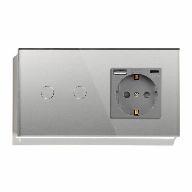 Сенсорный выключатель двухклавишный с розеткой MVAVA, с USB Type-C, с подсветкой, стекло, с заземлением, серый