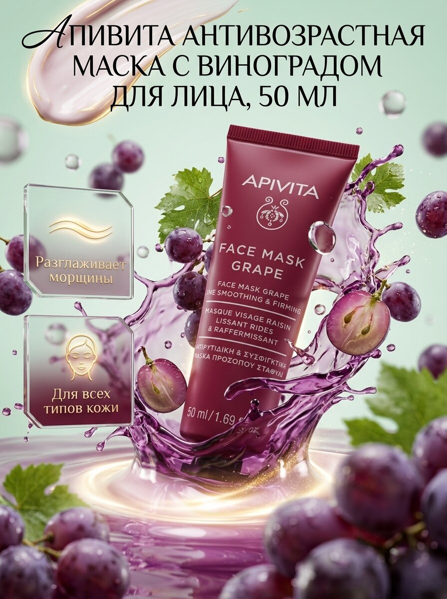 Маска c виноградом для лица Apivita, антивозрастная, для всех типов кожи, 50 мл