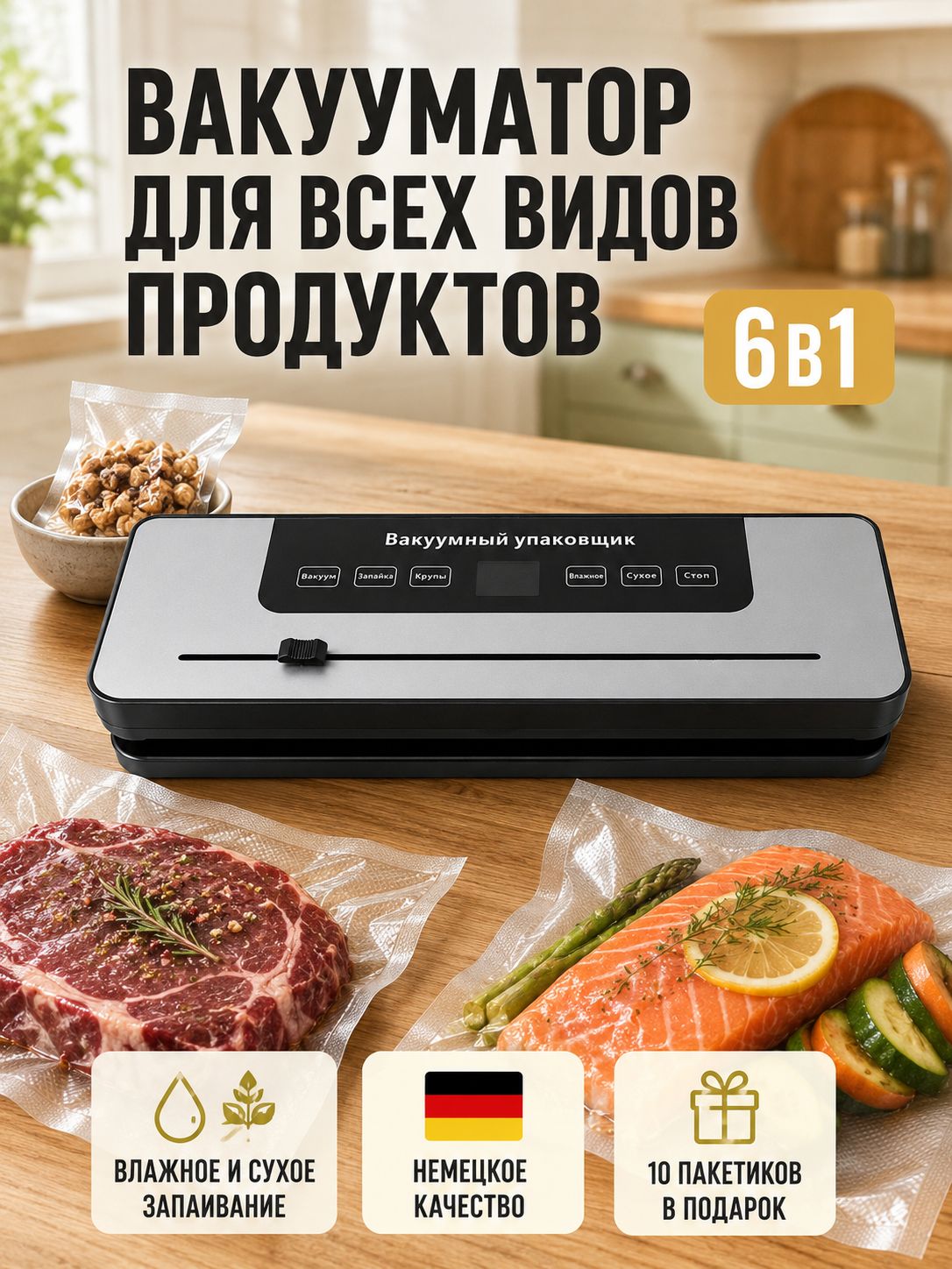 Вакууматор для продуктов с резаком и пакетами, вакуумный упаковщик