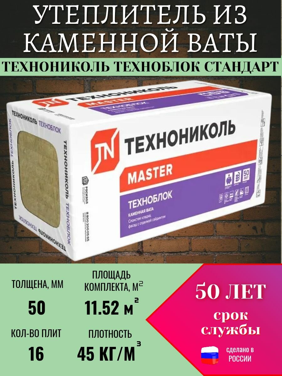 Утеплитель Технониколь Техноблок Стандарт 1200х600х50 мм, 16 плит, 11.52 м2