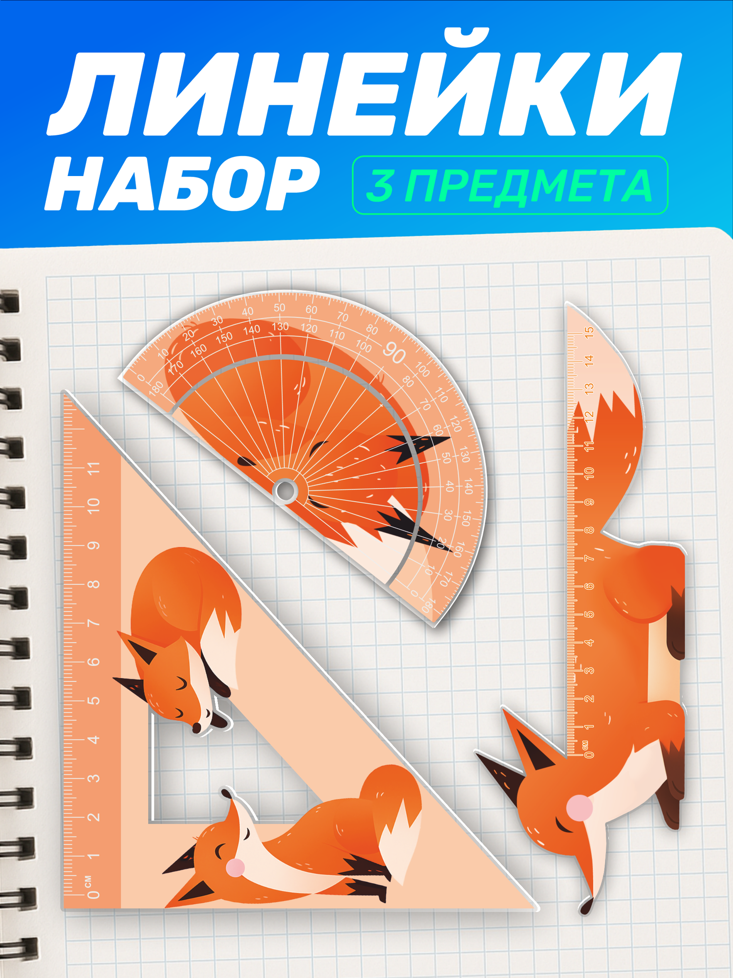 Набор линеек для школьника с транспортиром Лиса