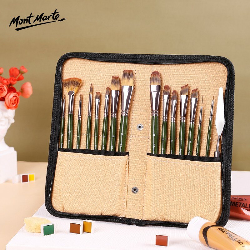 Mont Marte 15-Piece Oil Paint Brush Set with Palette Knife and Carry Case BMHS0044 Fine Art Painting Brush Set for Acrylic Watercolor Oil Painting