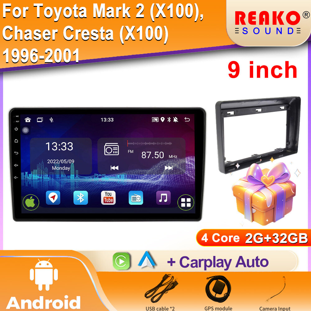 Магнитола для Toyota Mark 2 (X100), Chaser Cresta (X100) 1996-2001, с камерой заднего вида. IPS экран 9 дюймов, Wifi 2din с сенсорным экраном, usb и блютузом.