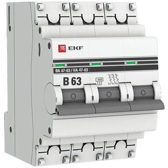Автоматический выключатель модульный Ekf 3п B 63А 4.5кА ВА 47-63 PROxima, mcb4763-3-63B-pro