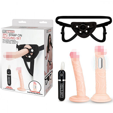 Lux Fetish 3 PC Strap-On Pegging Set, телесный Реалистичные страпоны с креплением, один с вибрацией на ДУ