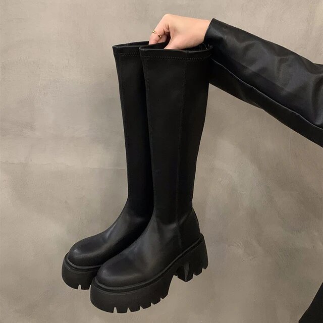 Женские сапоги на платформе до колена, модные туфли на молнии, осень-зима, толстый каблук, женские длинные сапоги в рыцарском стиле