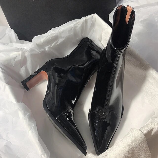 Женские короткие сапоги на высоком каблуке, модные туфли на молнии в стиле ретро, осенне-зимние, с острым носком, для танцев и выпускного вечера