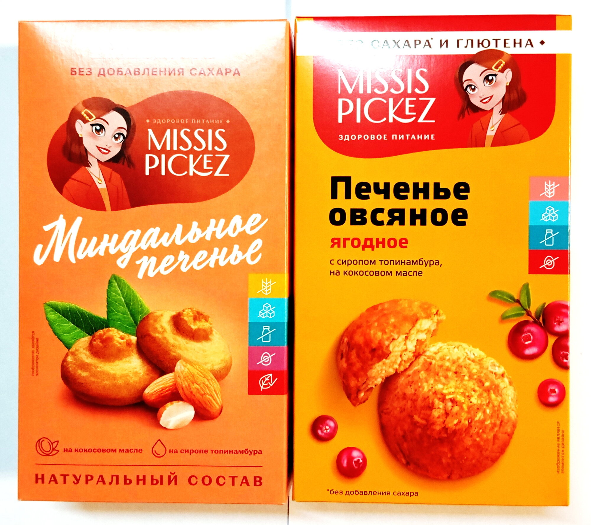 Печенье-овсяное"Missis Pickez" Ягодное и Миндальное Без сахара и глютена 2 шт вес 200гр