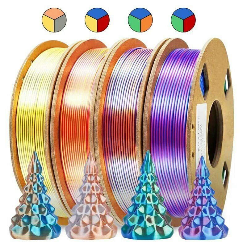 Трехцветный шелковый PLA-пластик 1,75 мм, блестящий многоцветный соэкструзионный 3D-пластик, 250 г x 4 катушки