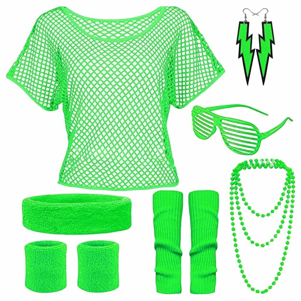Костюм с сетчатой футболкой для вечеринок 1980-х годов, женская одежда в сеточку-зеленый