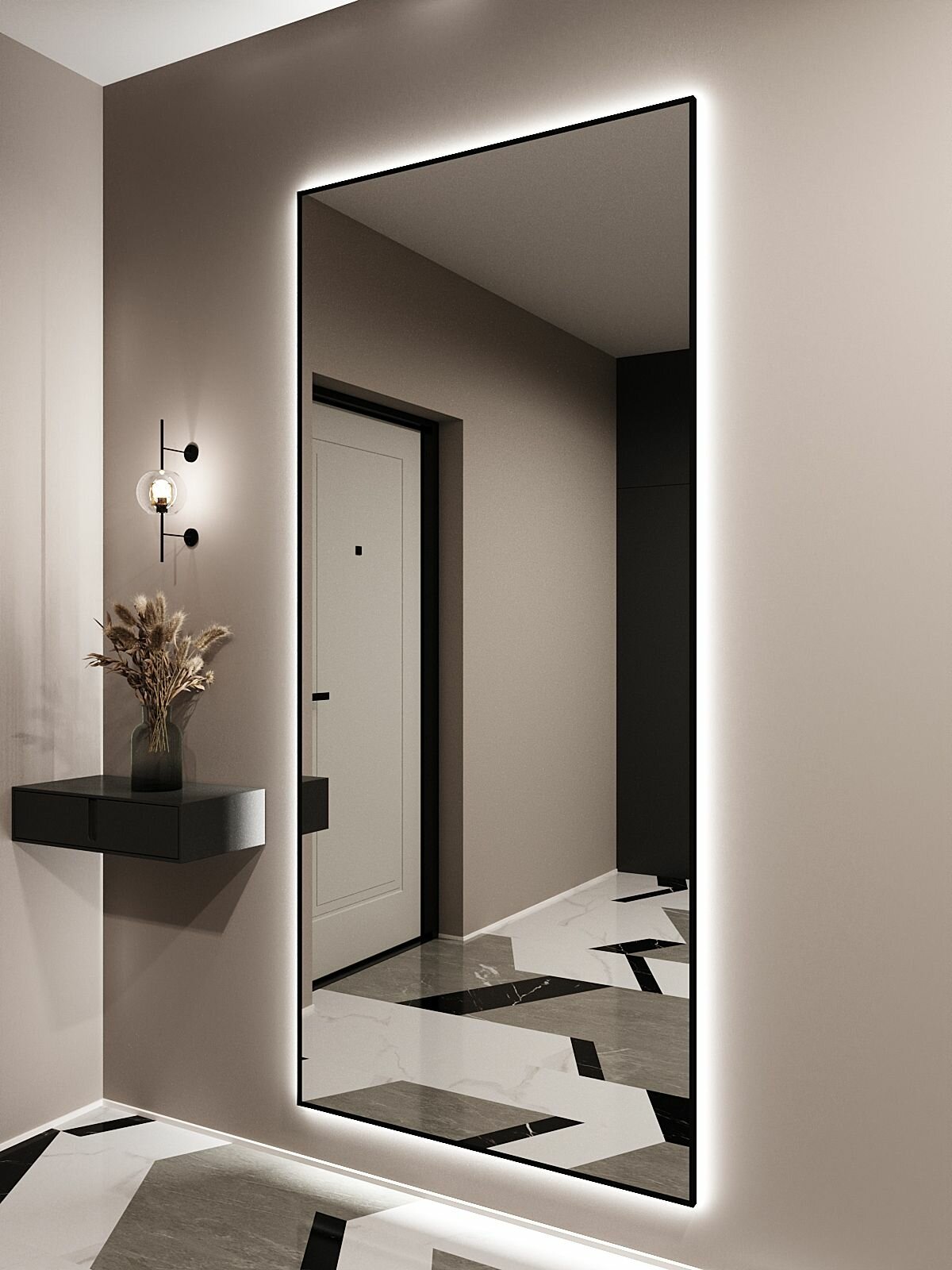 Зеркало настенное 200х90 см. BLX MIRROR с подсветкой в алюминиевой раме. Свет: Холодный белый 6000К, Черное