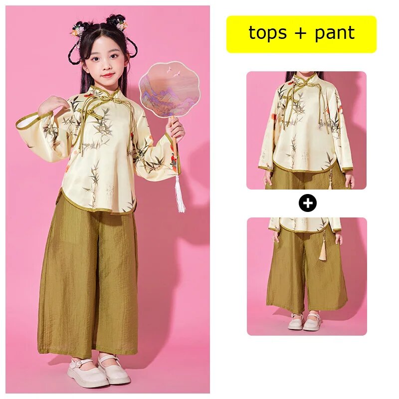Китайский костюм Тан для мальчиков, детская одежда в стиле хип-хоп, золотой топ с бамбуковым принтом, широкие брюки для девочек, танцевальный костюм, одежда