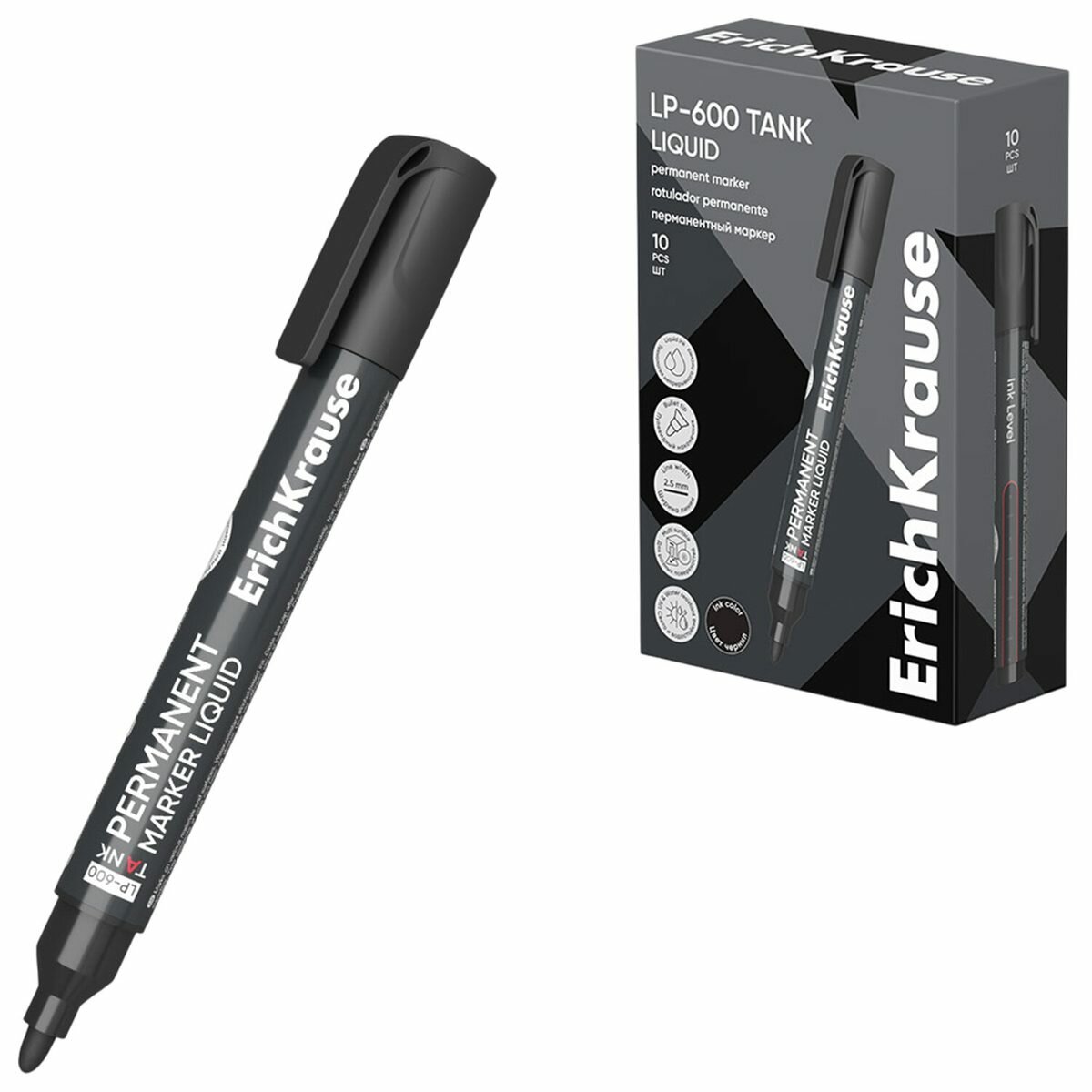 Маркер перманентный Erich Krause LP-600 Tank Liquid (2.5мм, круглый, черный, жидкие чернила) (48769)