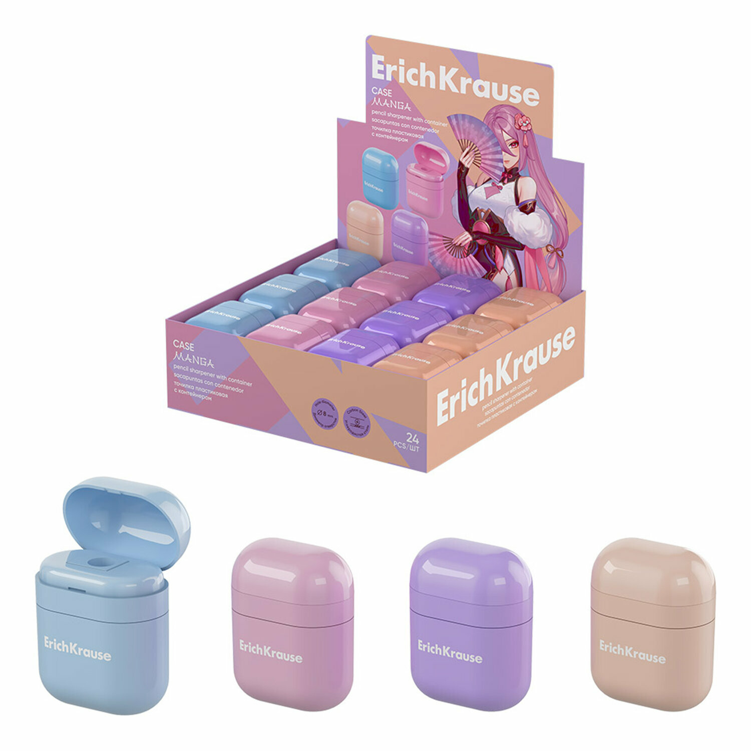 Точилка ERICH KRAUSE "Case Manga", с контейнером, пластиковая, корпус ассорти, 60041 (упаковка 24 шт.)