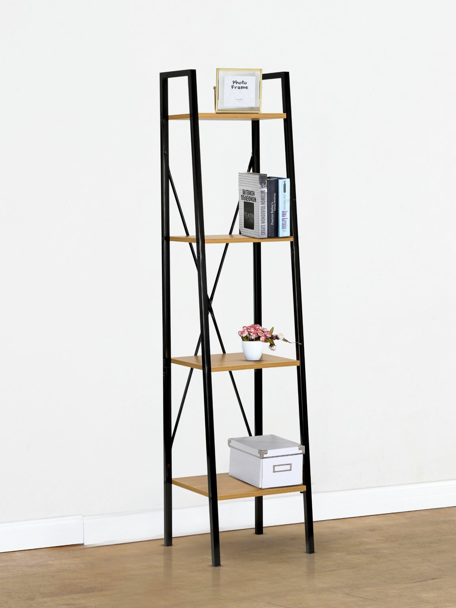 Стеллаж металлический в стиле лофт Вудми, напольный, 4 полки, узкий 1,48, Дикий дуб