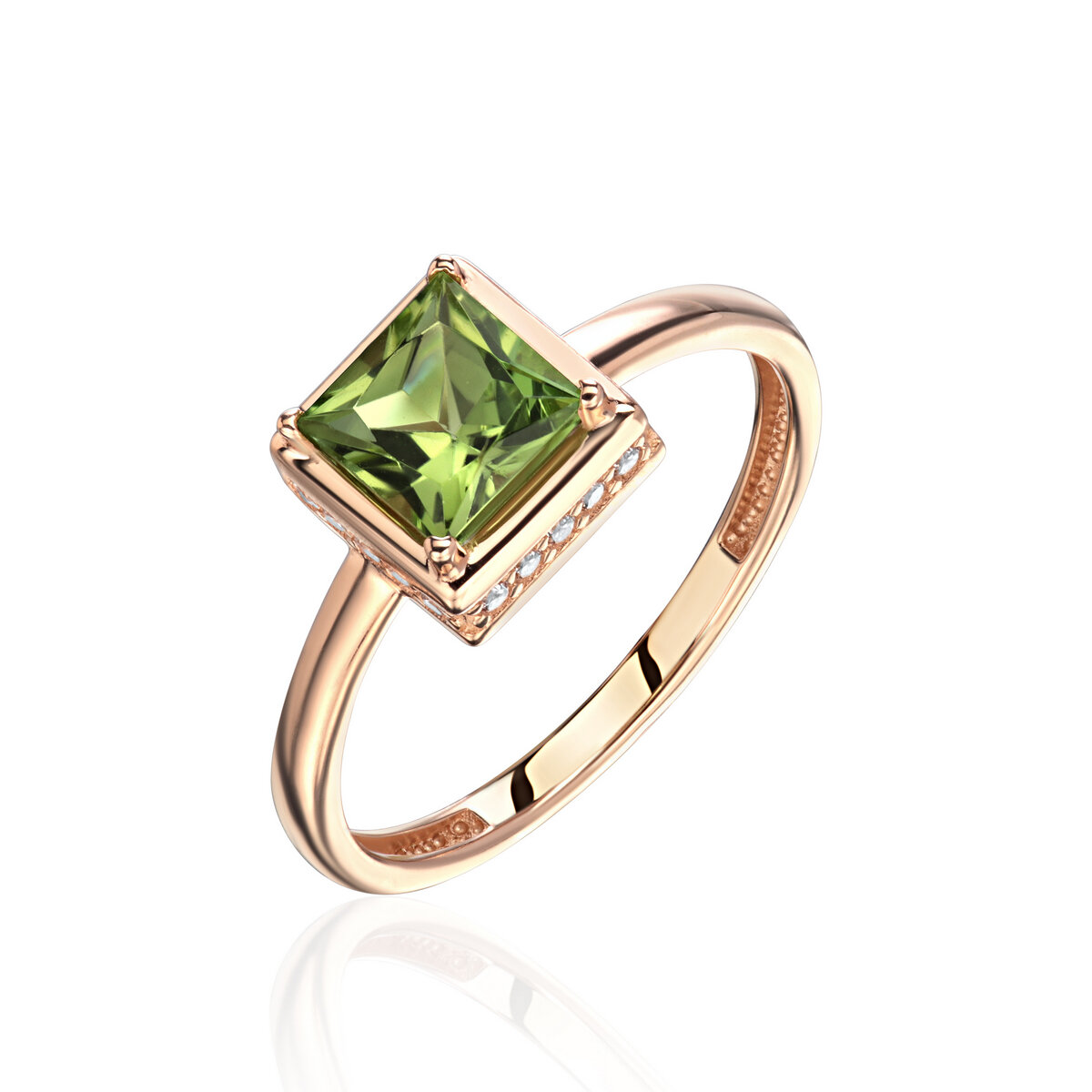 Кольцо, красное золото, 585 проба, фианит, хризолит