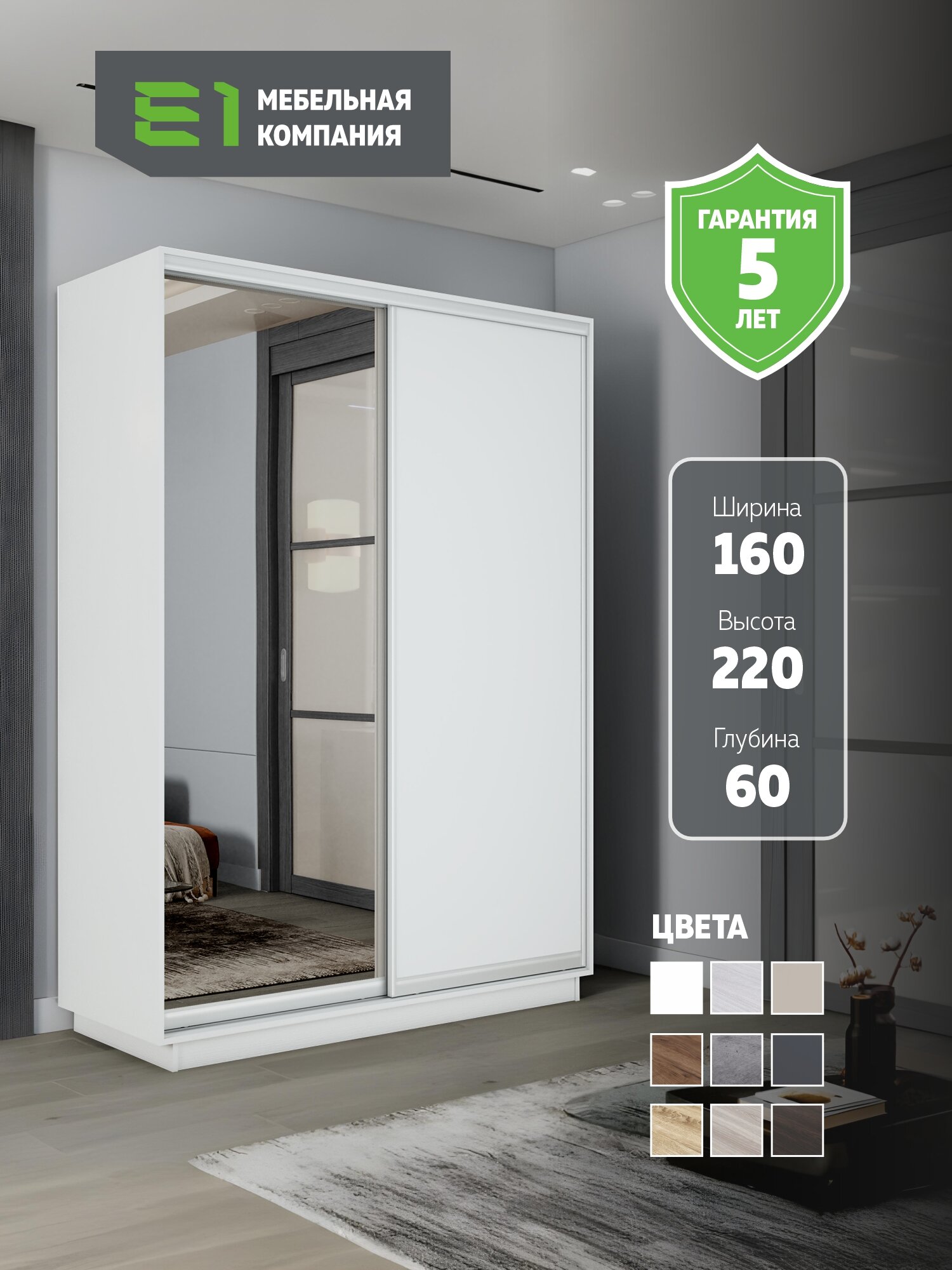 Шкаф-купе Е1 Экспресс двухдверный, лдсп/зеркало, 160х60х220, белый