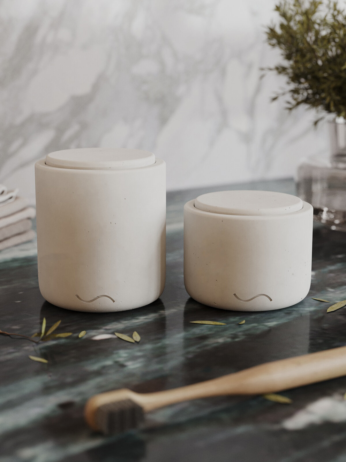 Набор для ванной Astrid №5 (две подставки для ватных палочек и дисков с крышками XS + S), бетон, белый матовый