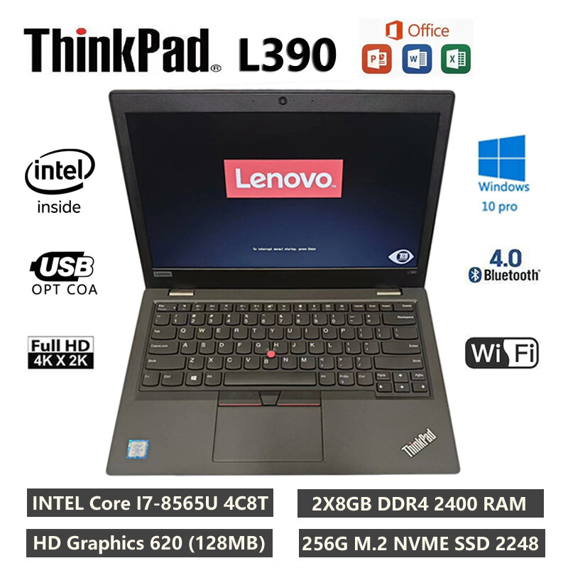 Подержанный ноутбук 13.3" LENOVO Thinkpad L390 (CORE i7-8565U CPU+2X8GB 2400 RAM+256G M.2 NVME SSD+Intel HD Graphics 620 Видеокарта ; 1920X1080 IPS ) Win 10 pro
