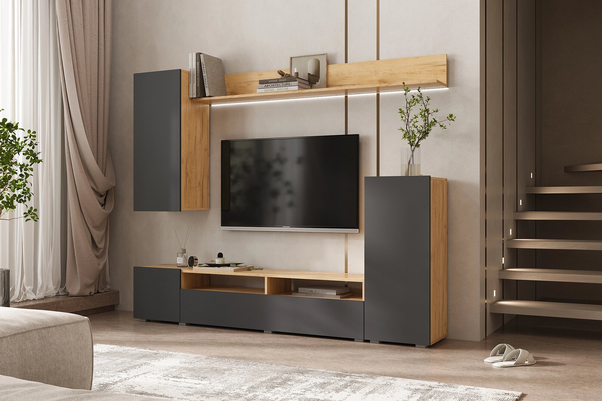 Стенка МИФ в гостиную Верона графит/дуб крафт Ш 2130*. В 1704 *Г 346 мм, ЛДСП