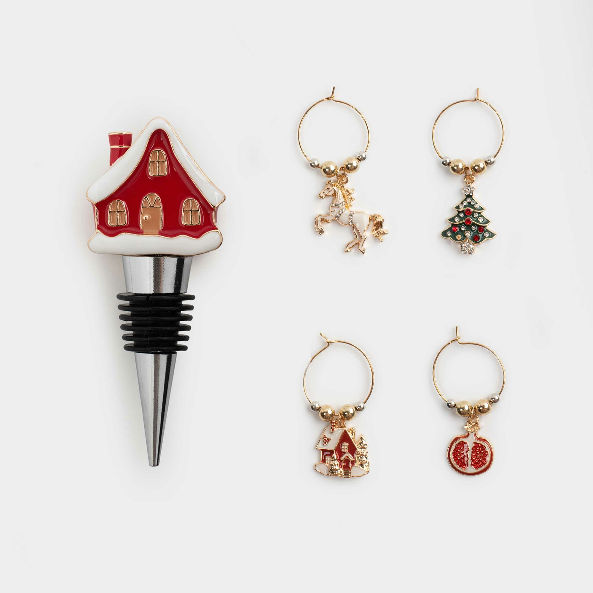 Пробка для винной бутылки с подвесками, 5 пр, металл/стразы, Домик, Christmas house