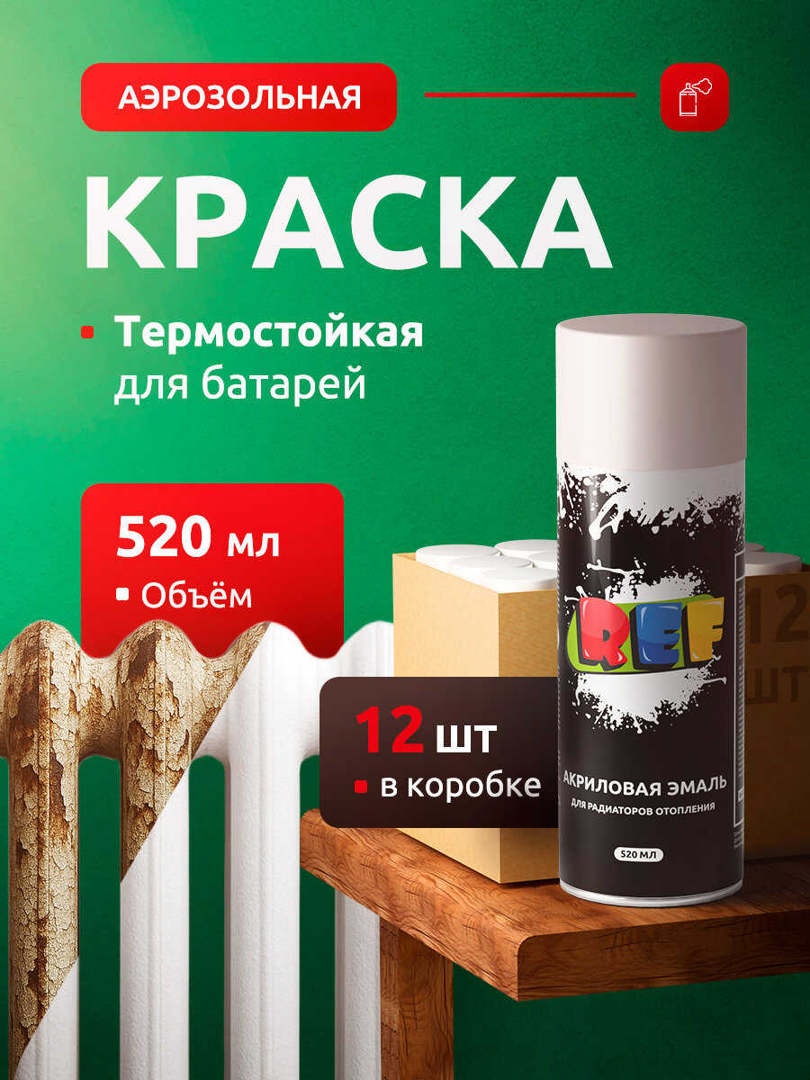 Акриловая краска термостойкая 90С аэрозоль белая матовая (коробка 12 штук) / REF / эмаль быстросохнущая, для радиаторов отопления, батарей, металла, труб, внутренняя
