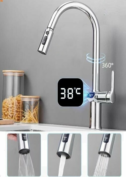 Смеситель для кухни Esko K15 хром с высоким изливом с вытяжной лейкой однорычажный (К15 LED)