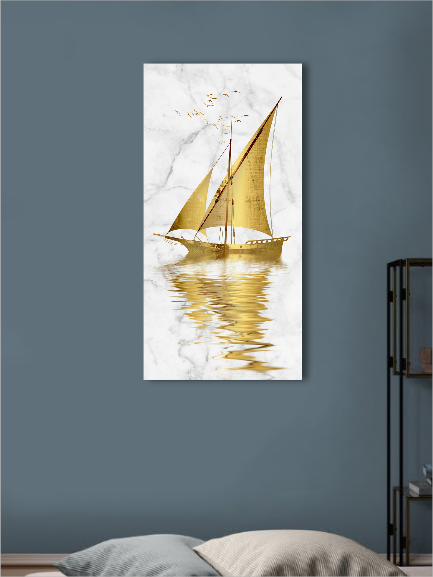Картина для интерьера на стену вертикальная, пейзаж Золотой корабль, Art IrbisPrint, 40х80 см, холст на подрамнике 20 мм