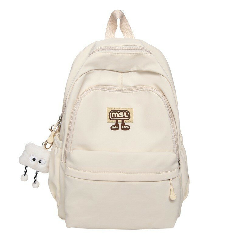 Student backpack solid color letter decoration with plush pendant for school and travel white large