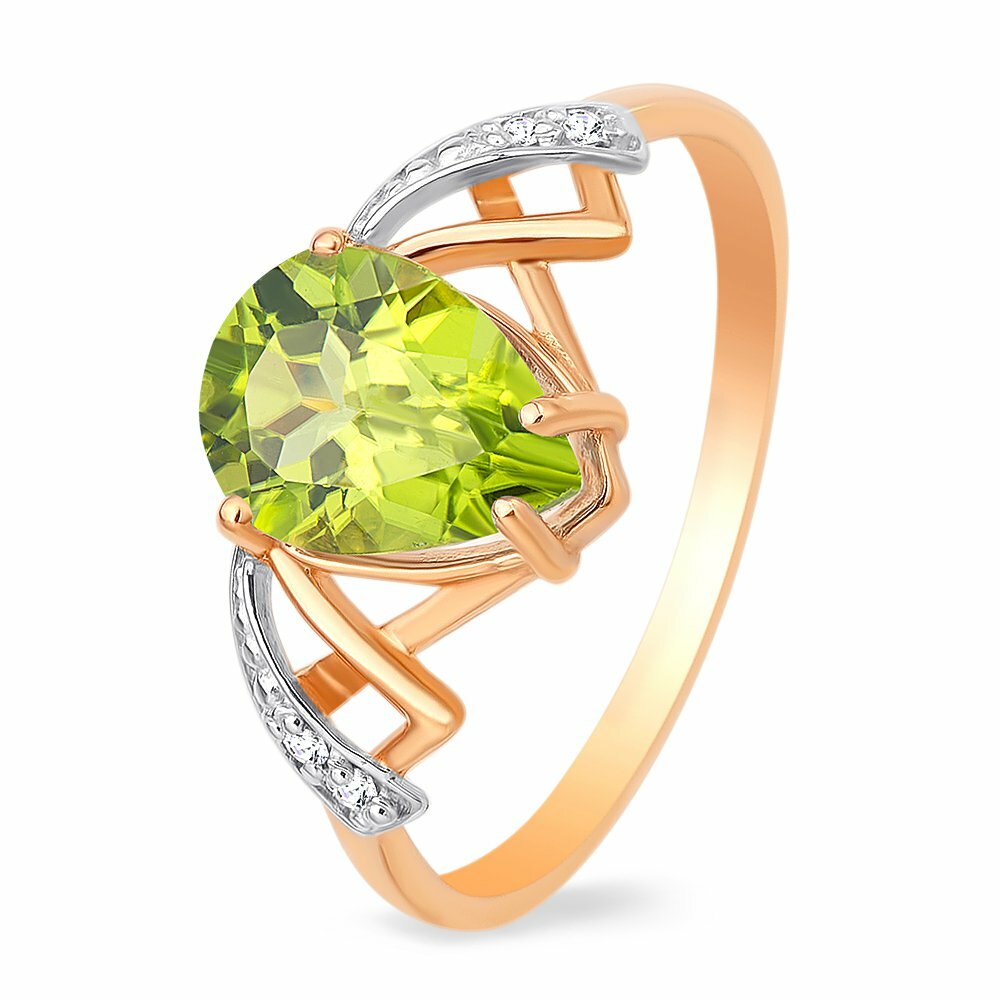 Кольцо, красное золото, 585 проба, родирование, хризолит, фианит