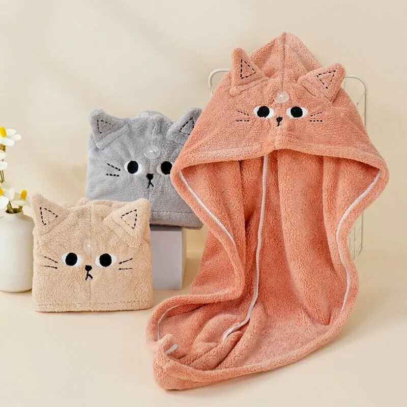 Чалма для волос-тюрбан | микрофибра, 25×63 см, розово-коралловый котик | с вышивкой кота и пуговицами | для быстрой щадящей сушки, не травмирует волосы | универсально: взрослые, дети, бани, бассейн | 1 шт