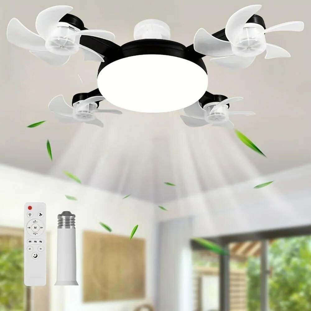 Потолочный вентилятор Креативный потолочный вентилятор с функцией легкой, многостворчатой, трехцветной подсветки, черный