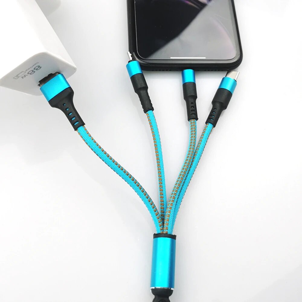 USB-кабель с короткой зарядкой 16 см 3 в 1 для Huawei для Samsung iPhone 14 13 12 11 небесно-голубой