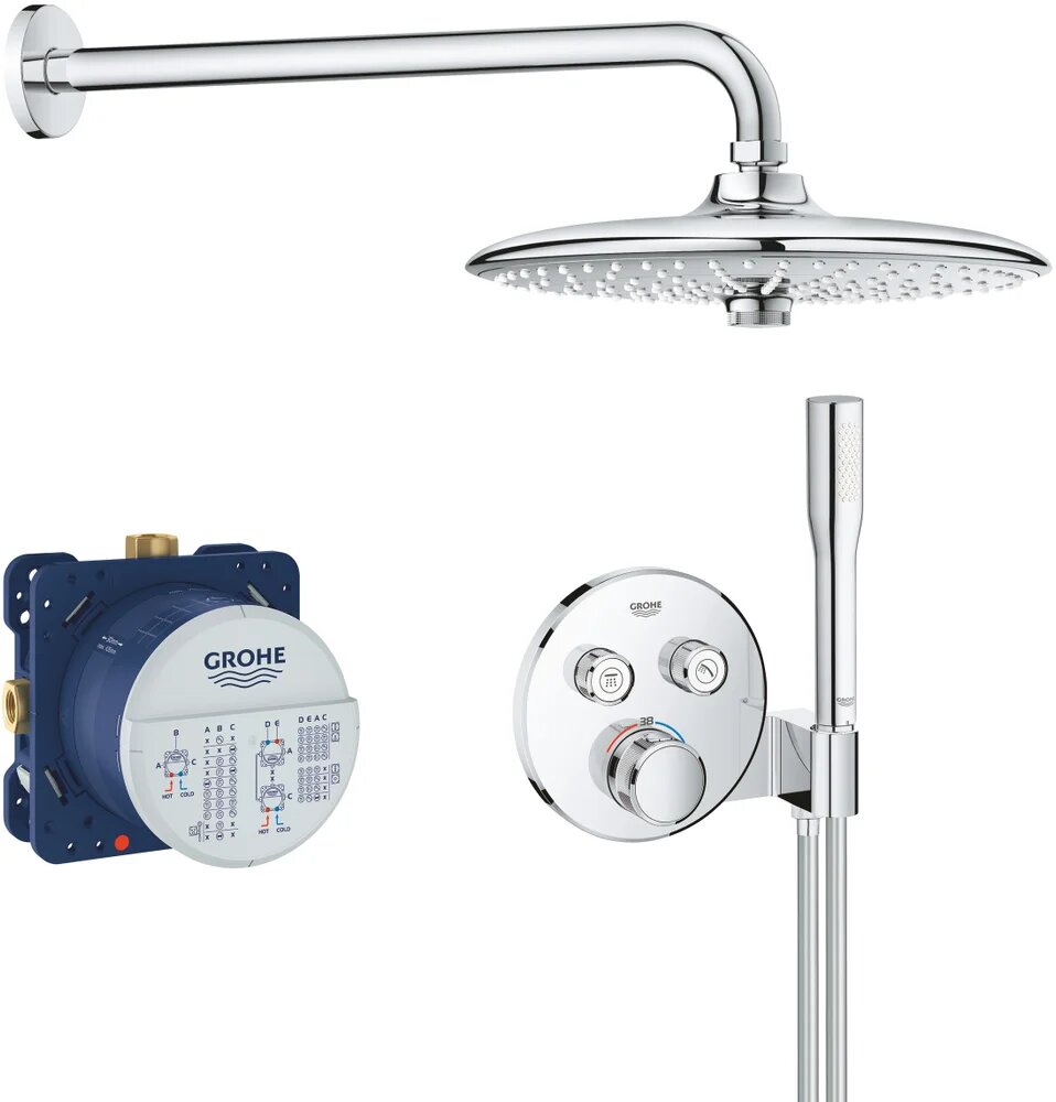 Душевой комплект Grohe Grohtherm SmartControl 34744000 3 в 1, встраиваемый, с внутренней частью в комплекте, с термостатом, со смесителем, с тропическим душем, латунный, хром, глянцевый, душевая систе