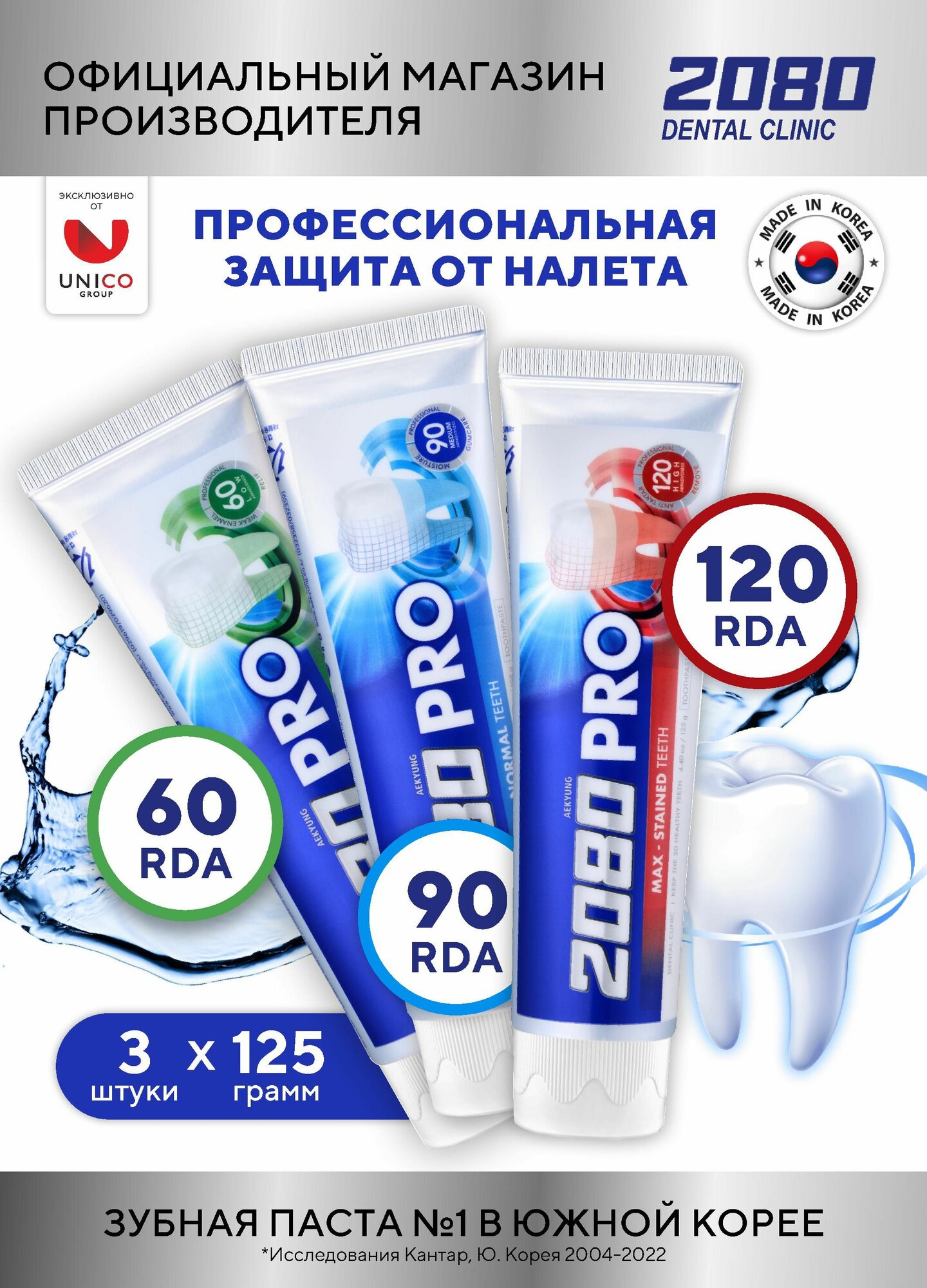 Dental Clinic 2080 Pro Набор Профессиональных Корейских Зубных паст, защита от налёта и зубного камня, 3х125г, Корея