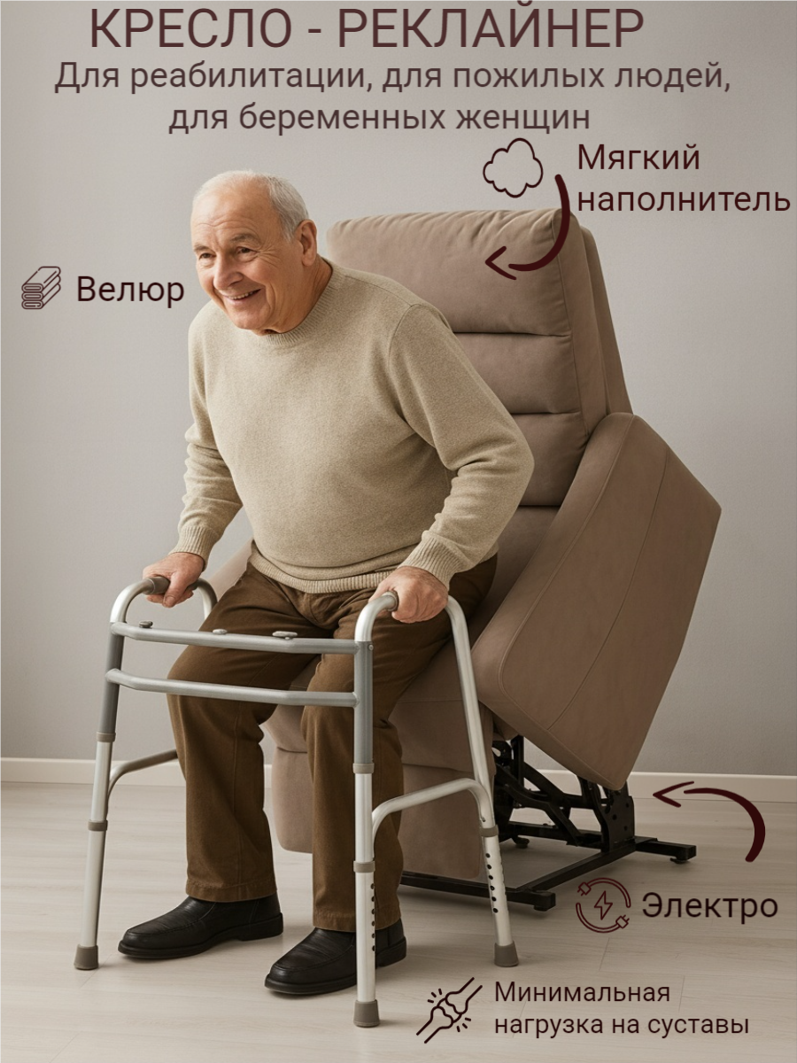 Кресло реклайнер электрическое с подъемным механизмом Модена отдых велюр реабилитация пожилые люди