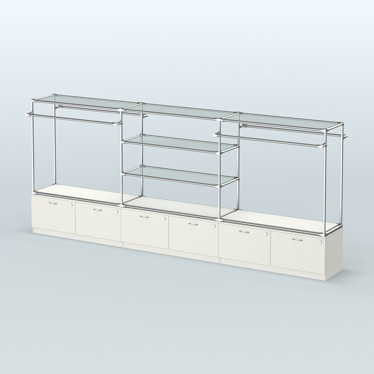 Островная торговая система хром 3600 мм с тумбами Т15 и поручнями №3, Белый