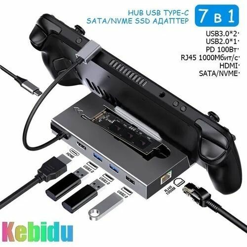 7В1 Переходник USB HUB- HDMI-TYPEC-Внешний корпус M.2 SSD SATA NVME , Адаптер USB, PD 100W, RJ45 1000M