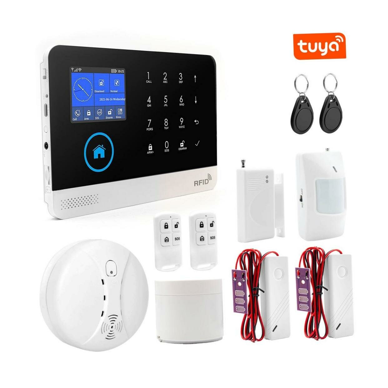 Набор: беспроводная пожарно-охранная TUYA GSM / Wi-Fi сигнализация Страж Око 10 (RFID) (I30333KOM) с 10 разными датчиками в наборе для зданий и поме