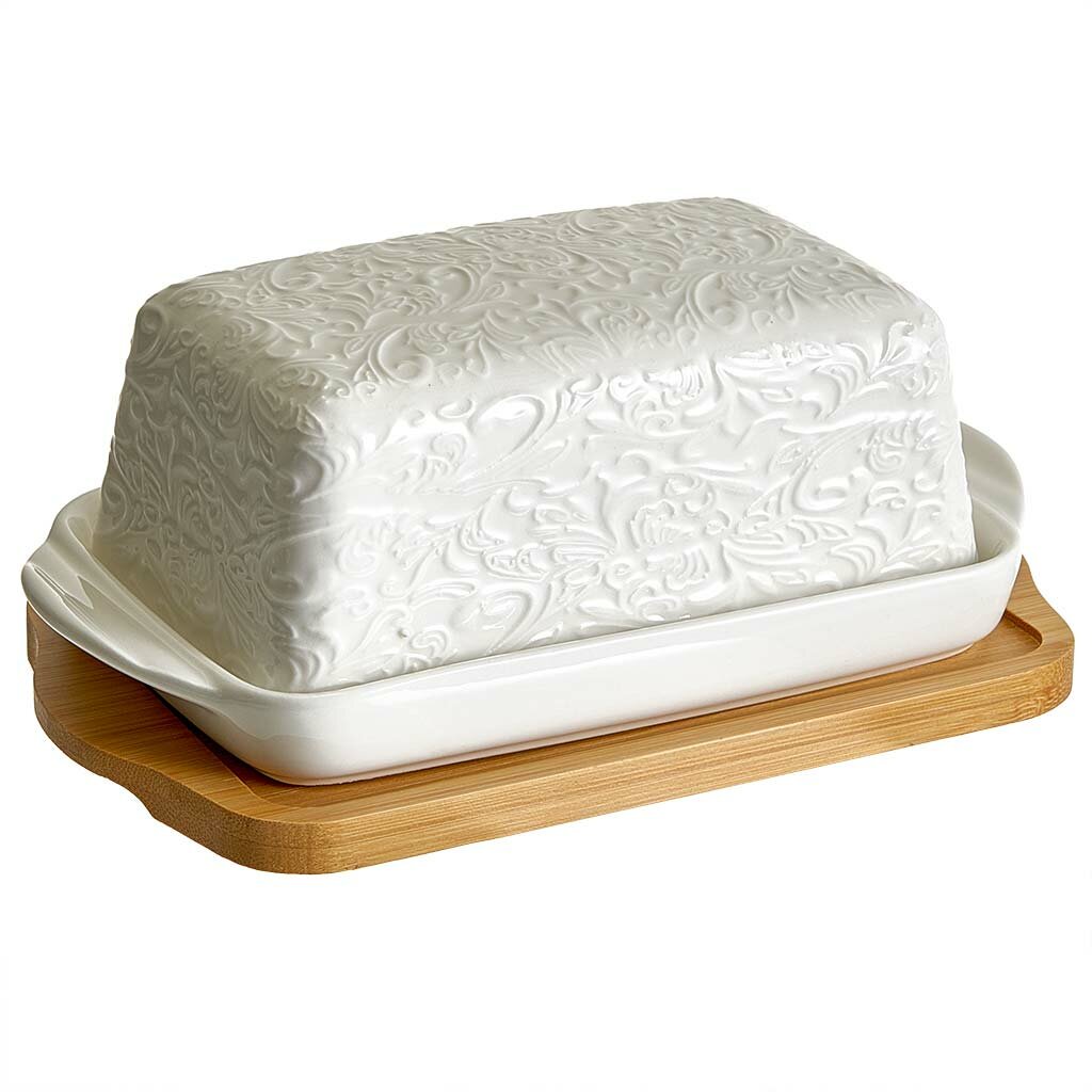 Масленка фарфоровая на бамбуковой подставке Alpenkok AK5-0036