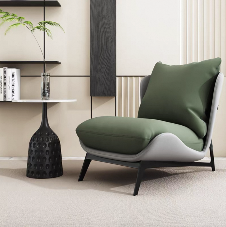 Итальянское минималистское кресло, Светло-серая + зеленая кожа