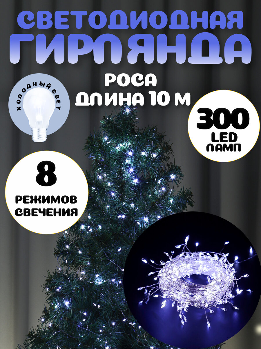 MILED гирлянда роса "Хвойная лапа" 10 м,300 ламп,8 реж, сереб. провод, хол. белый свет 220V, ГП-0005