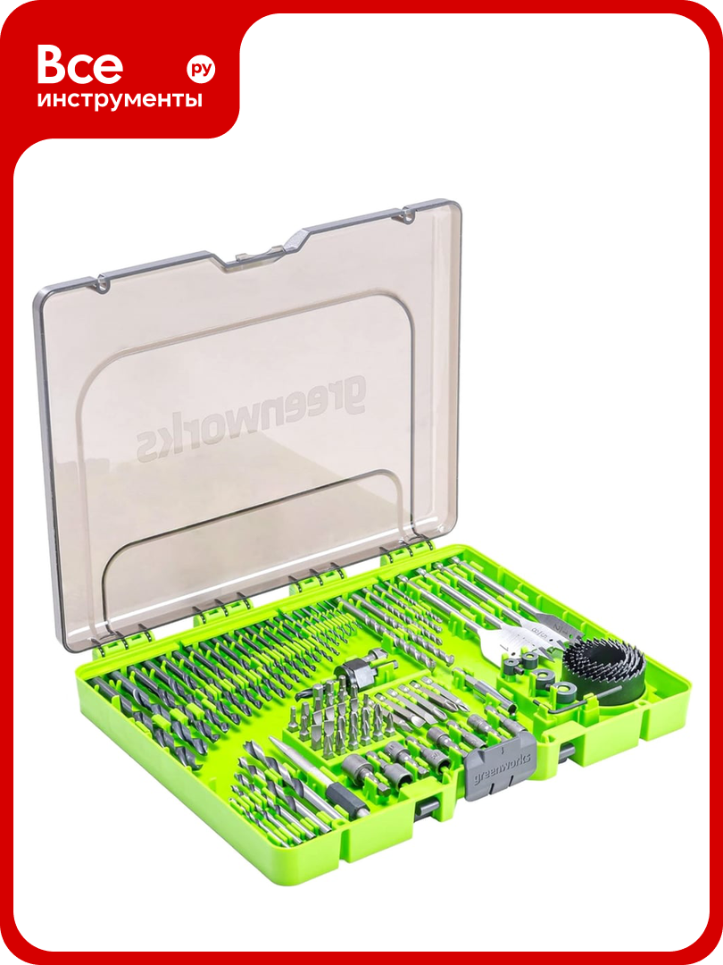 Набор сверл, бит и коронок в кейсе 90 предметов GreenWorks 2944607 прочной конструкции