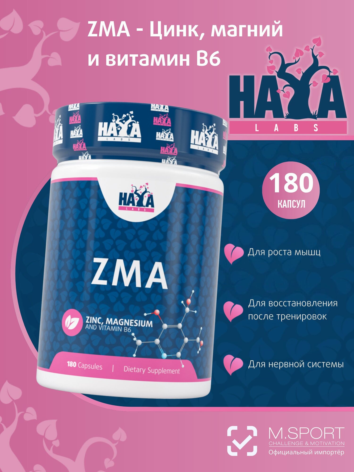 Haya Labs Витаминно-минеральный комплекс Цинк, Магний с витамином В6 180 капсул