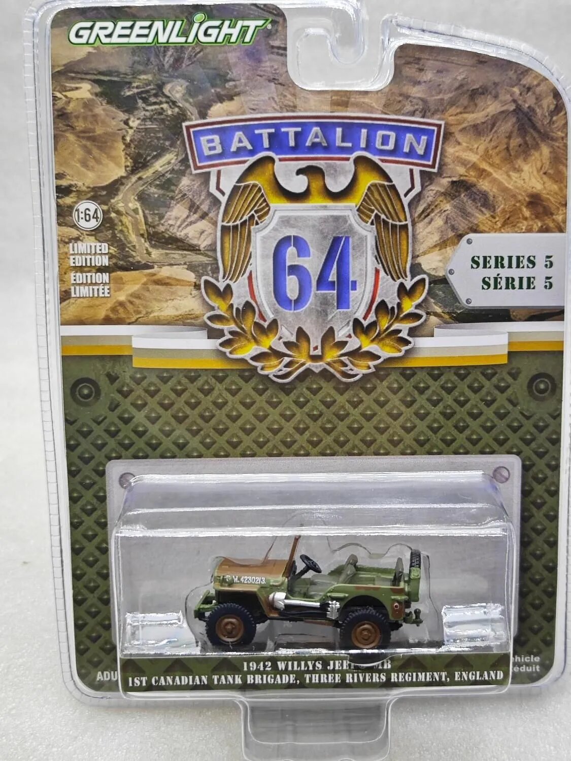 Машинка GreenLight 1/64 Battalion 64 Series 5-1942 Willys MB- 1st Canadian Tank Brigade, Three Rivers Regiment, England Die-cast Alloy Car Model Collection Toy Gift