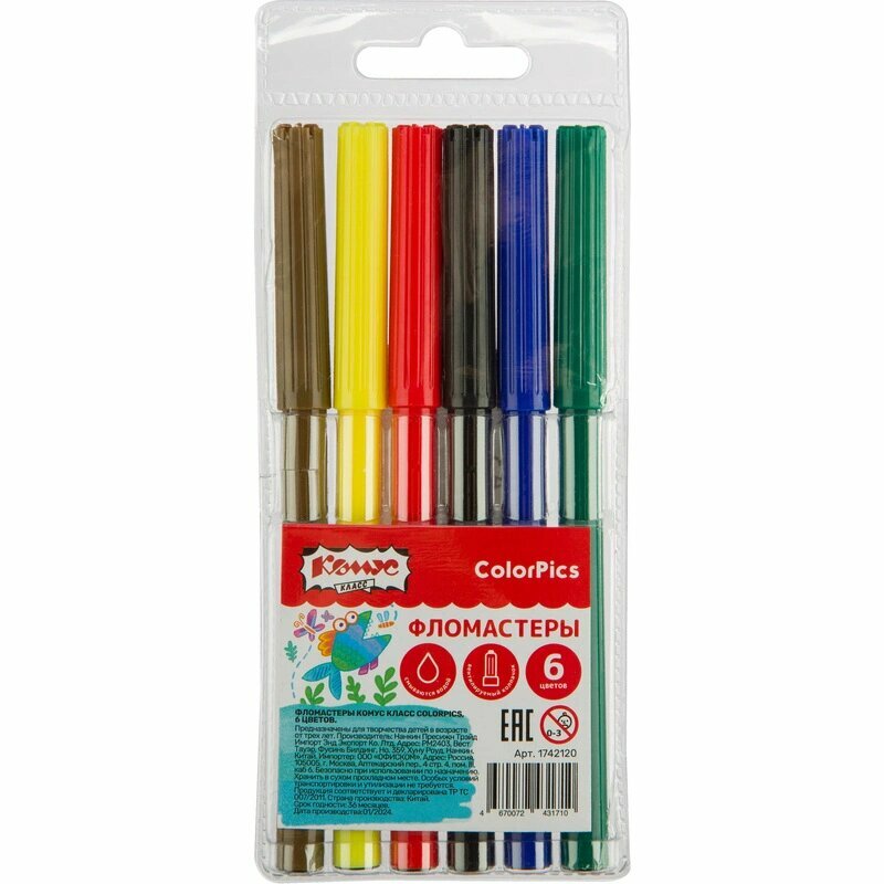Фломастеры Комус Класс ColorPics набор 6 цв, вентилир, смыв, блист. упак