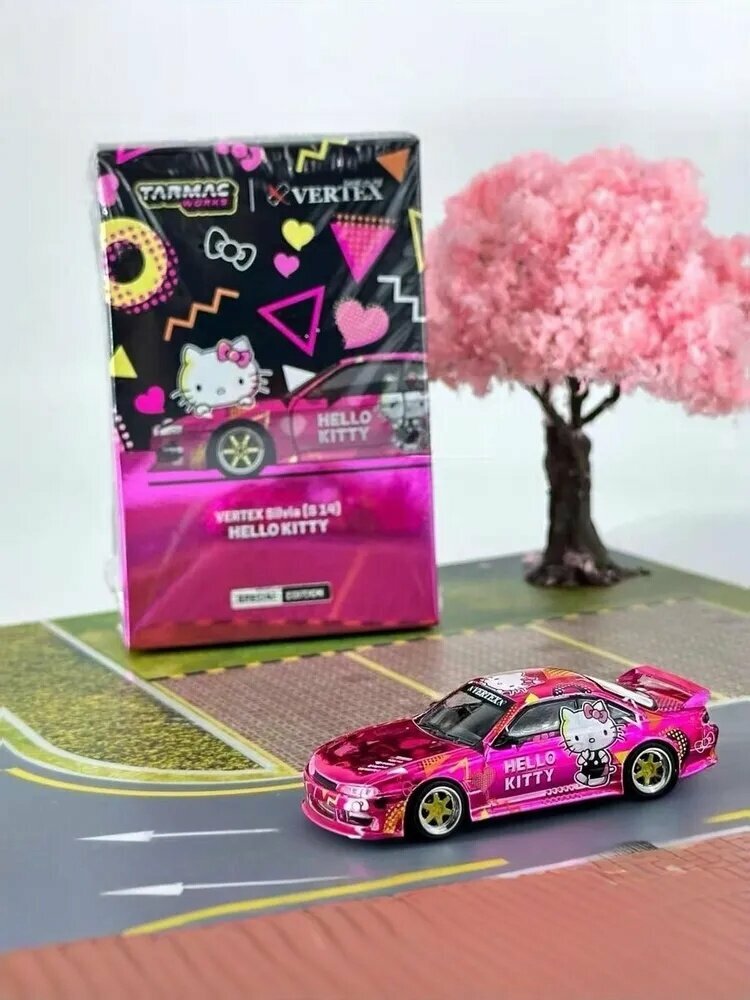 Машинка Tarmac Works TW 1/64 VERTEX SILVIA (S14) HELLO KITTY PINK CHROME Die-cast Alloy Car Model Collection Display Gift